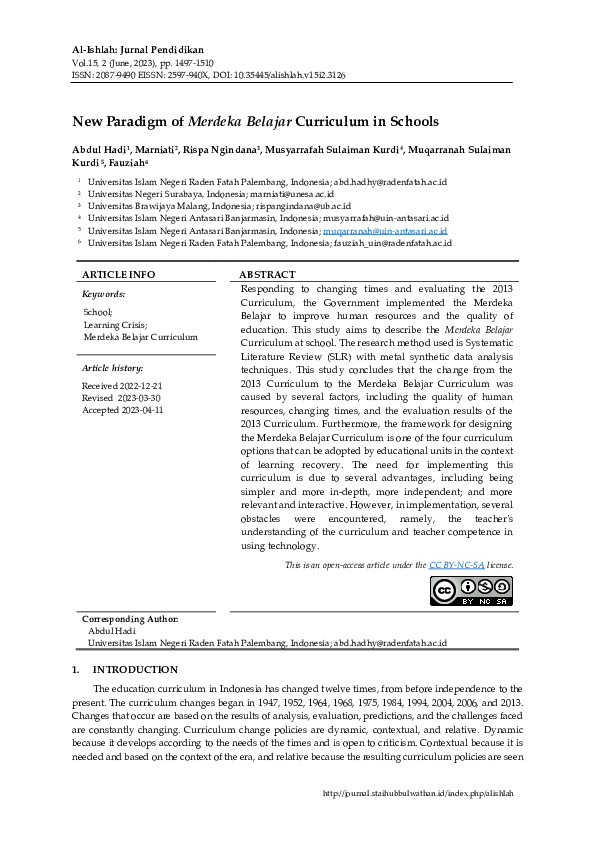 (PDF) New Paradigm of Merdeka Belajar Curriculum in Schools