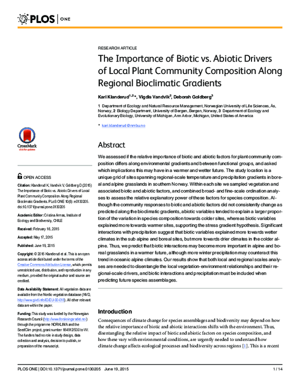 (PDF) The Importance of Biotic vs. Abiotic Drivers of Local Plant Community Composition Along ...