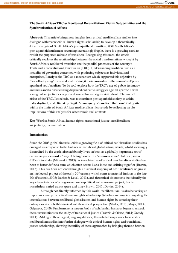 (PDF) The South African TRC as Neoliberal Reconciliation: Victim ...