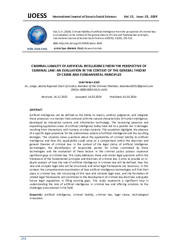 (PDF) Criminal liability of artificial intelligence from the perspective of criminal law: An ...