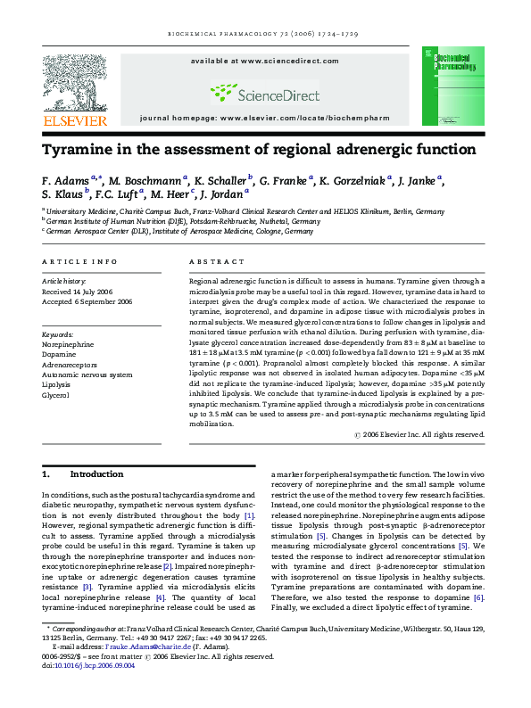 (PDF) Tyramine in the assessment of regional adrenergic function