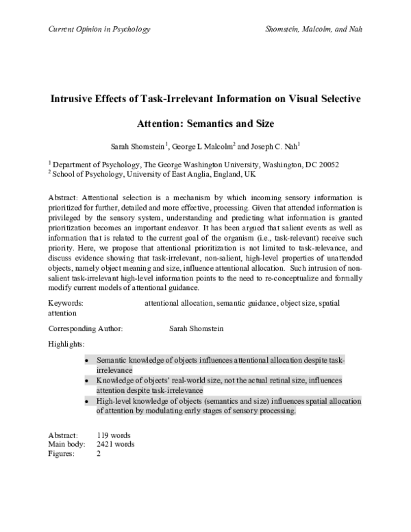 Pdf Intrusive Effects Of Task Irrelevant Information On Visual Selective Attention Semantics