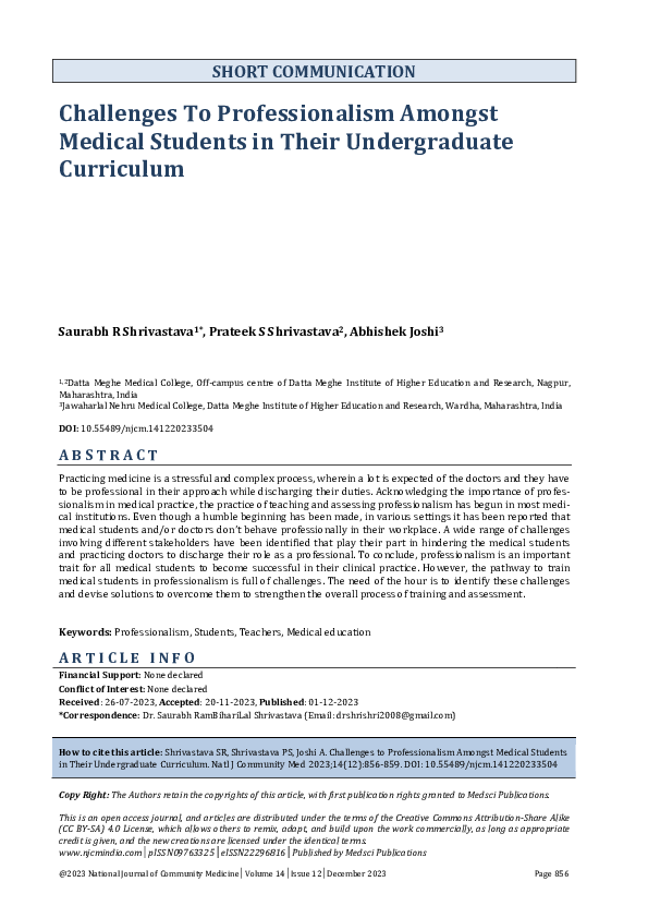 (PDF) Challenges To Professionalism Amongst Medical Students in Their ...