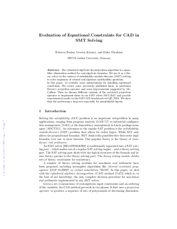 (PDF) Evaluation of Equational Constraints for CAD in SMT Solving