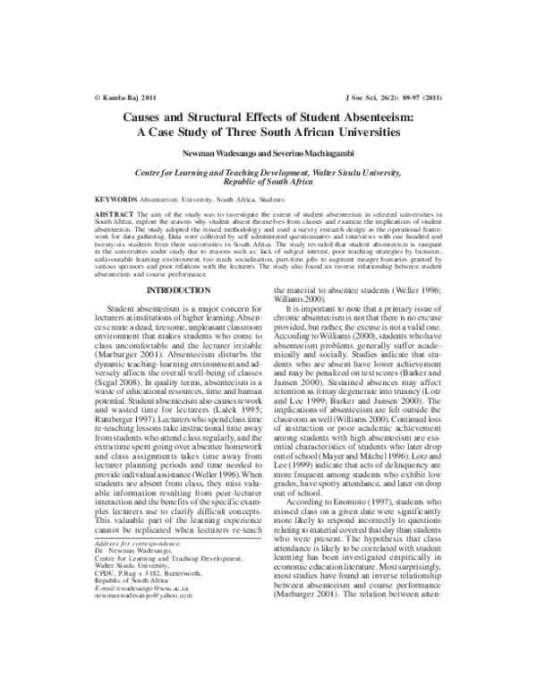 (PDF) Causes and Structural Effects of Student Absenteeism: A Case ...