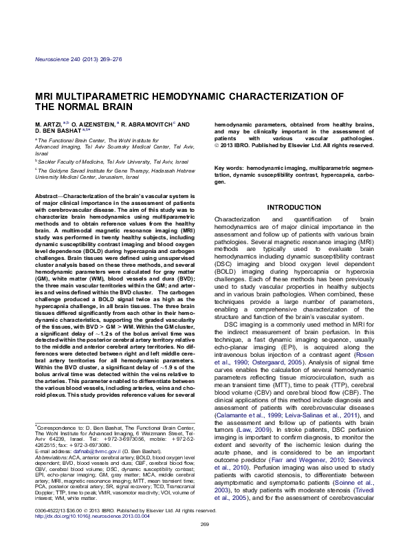 Pdf Mri Multiparametric Hemodynamic Characterization Of The Normal Brain