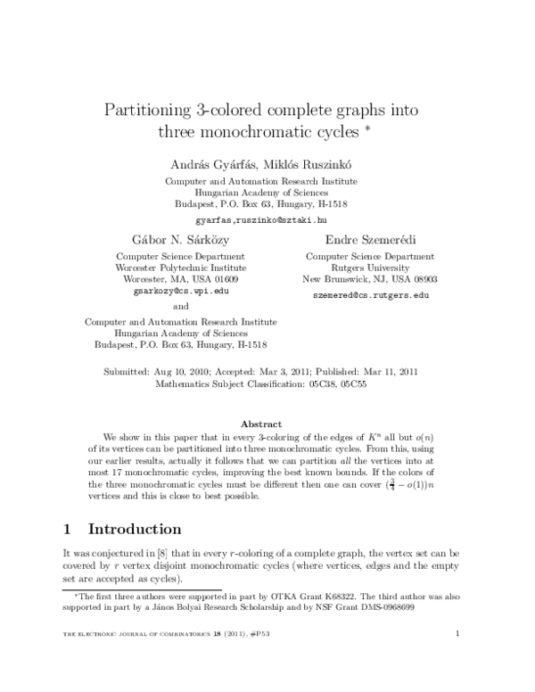 (PDF) Partitioning $3$-Colored Complete Graphs into Three Monochromatic Cycles