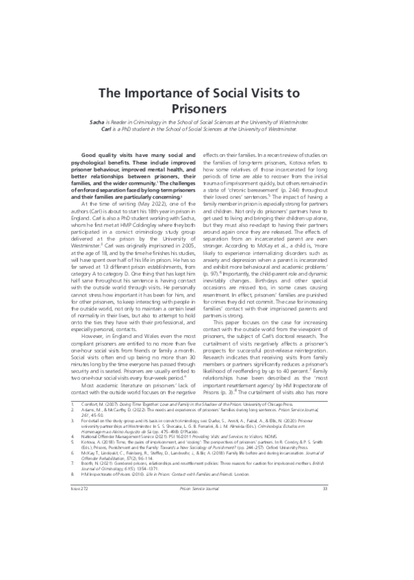 (PDF) The Importance of Social Visits to Prisoners