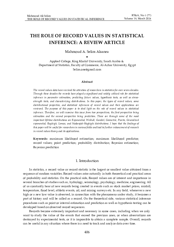 (PDF) THE ROLE OF RECORD VALUES IN STATISTICAL INFERENCE: A REVIEW ARTICLE