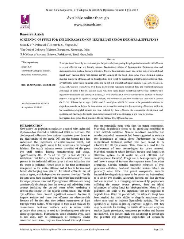 (PDF) Screening of Fungi for the Degradation of Textile Dyes from Industrial Effluents
