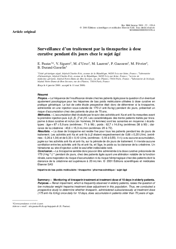 (PDF) Surveillance d’un traitement par la tinzaparine à dose curative ...