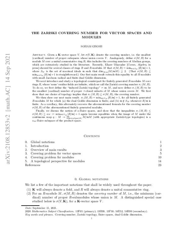 (PDF) The Zariski covering number for vector spaces and modules
