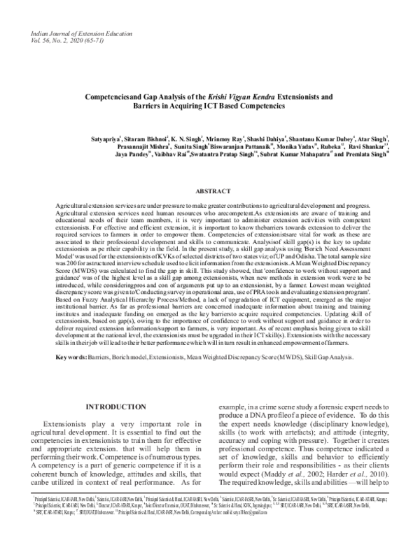 (PDF) Competenciesand gap analysis of the krishi Vigyan Kendra extensionists and barriers in ...