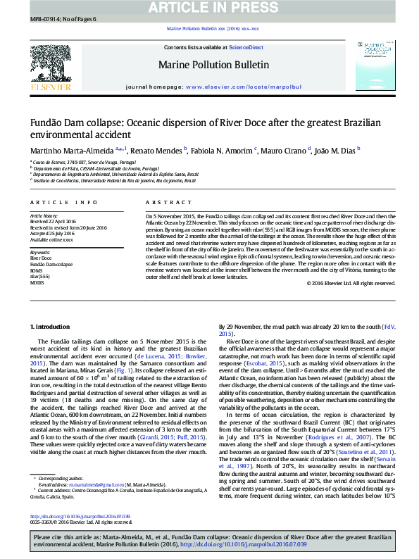 (PDF) Fundão Dam collapse: Oceanic dispersion of River Doce after the ...