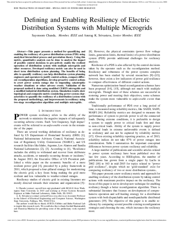 Pdf Defining And Enabling Resiliency Of Electric Distribution Systems With Multiple Microgrids