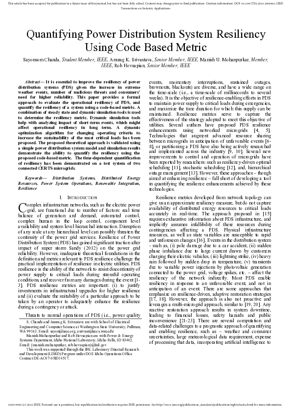 (PDF) Quantifying Power Distribution System Resiliency Using Code-Based ...