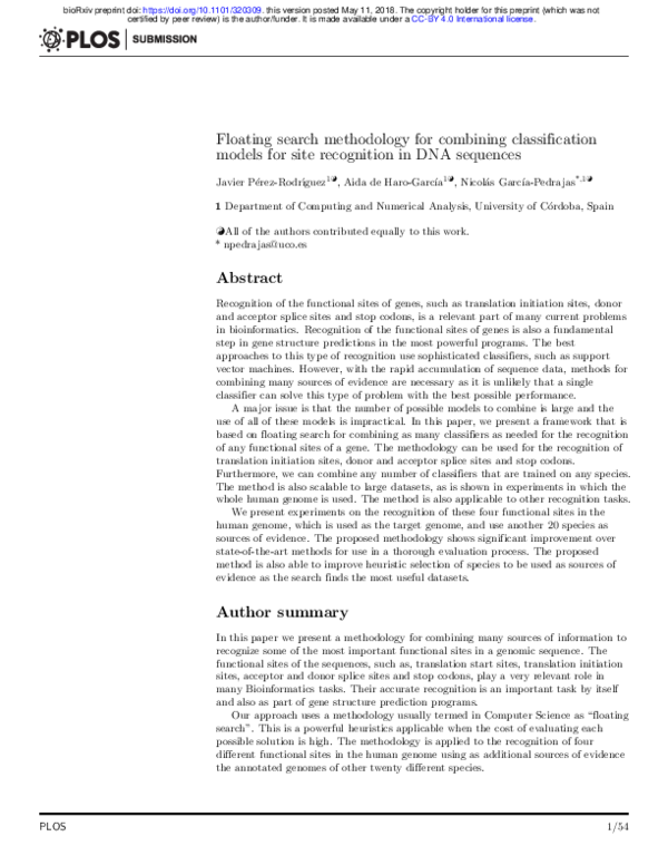 (PDF) Floating search methodology for combining classification models for site recognition in ...