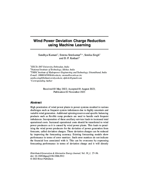 (PDF) Wind Power Deviation Charge Reduction using Machine Learning