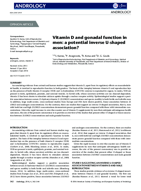 (PDF) Vitamin D and gonadal function in men: a potential inverse U-shaped association?