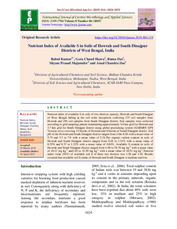 (PDF) Nutrient Index of Available S in Soils of Howrah and South ...