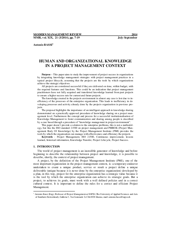 (PDF) Human and Organizational Knowledge in a Project Management Context