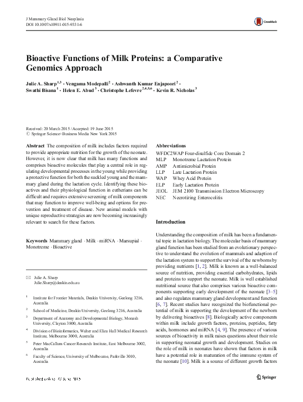 (PDF) Bioactive Functions of Milk Proteins: a Comparative Genomics Approach