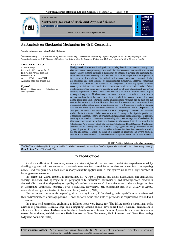 (PDF) An Analysis on Checkpoint Mechanism for Grid Computing
