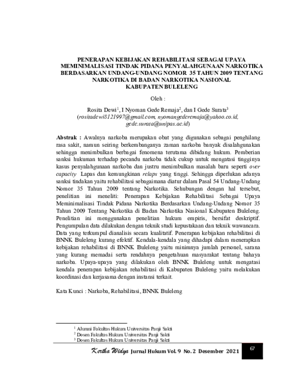 (PDF) Penerapan Kebijakan Rehabilitasi Sebagai Upaya Meminimalisasi Tindak Pidana Penyalahgunaan ...