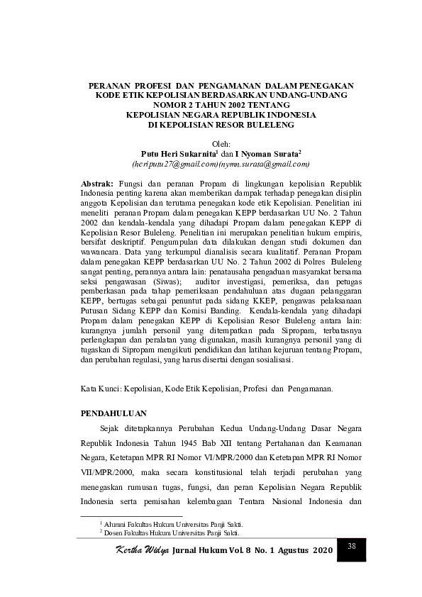 (PDF) Peranan Profesi Dan Pengamanan Dalam Penegakan Kode Etik Kepolisian Berdasarkan Undang ...
