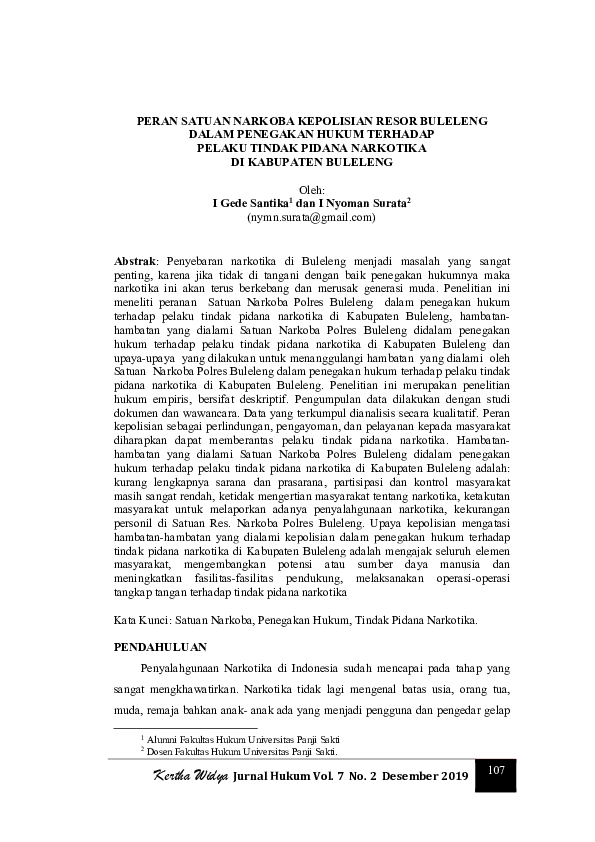 (PDF) Peran Satuan Narkoba Kepolisian Resor Buleleng Dalam Penegakan Hukum Terhadap Pelaku ...