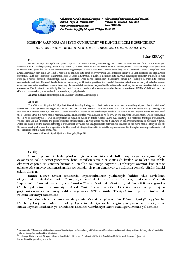 (PDF) Hüseyi̇n Rauf (Orbay) Bey İn Cumhuri̇yet Ve İlani İle İlgi̇li̇ ...