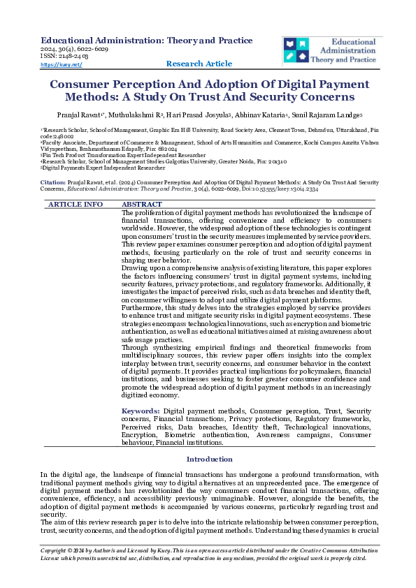 (PDF) Consumer Perception And Adoption Of Digital Payment Methods: A Study On Trust And Security ...