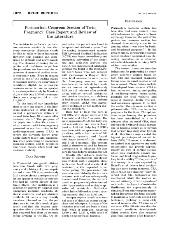 (PDF) Perimortem Cesarean Section of Twin Pregnancy: Case Report and ...