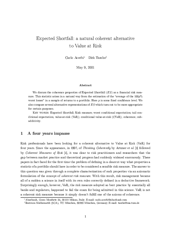 (PDF) Expected Shortfall: a natural coherent alternative to Value at Risk