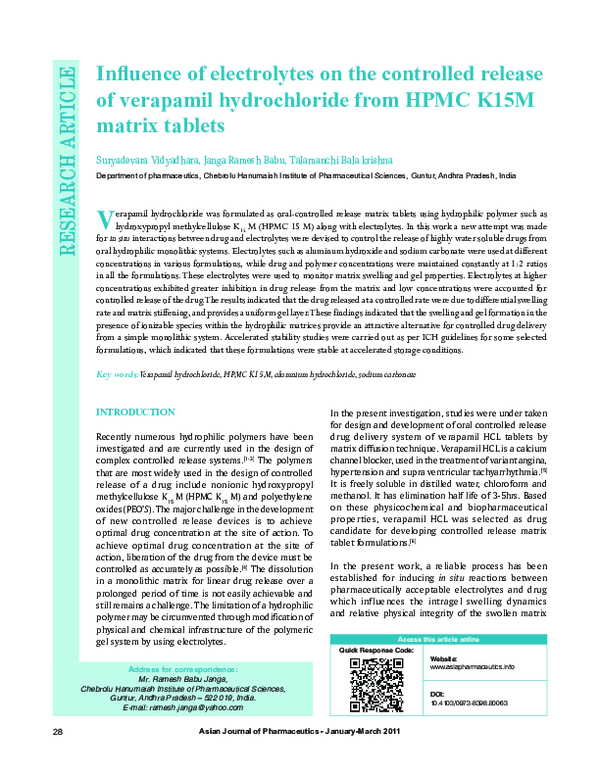 Pdf Influence Of Electrolytes On The Controlled Release Of Verapamil Hydrochloride From Hpmc
