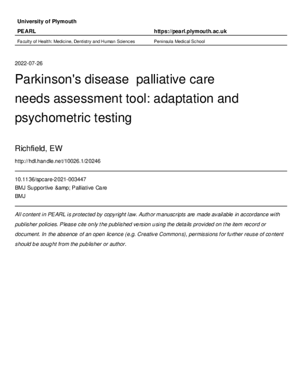 (PDF) Parkinson’s disease – palliative care needs assessment tool ...