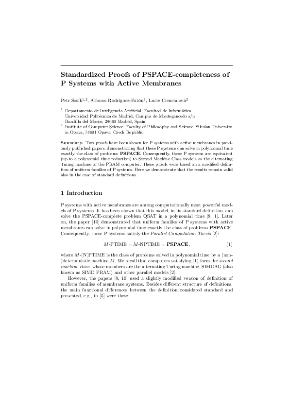 (PDF) Standardized Proofs of PSPACE-completeness of P Systems with Active Membranes