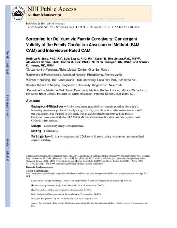 (PDF) Screening for Delirium Using Family Caregivers: Convergent ...