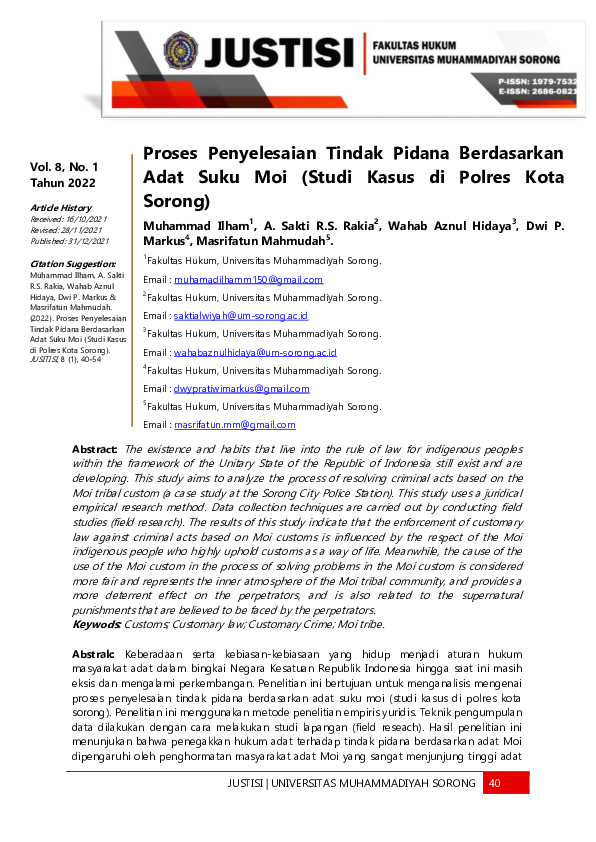 (PDF) Proses Penyelesaian Tindak Pidana Berdasarkan Adat Suku Moi (Studi Kasus di Polres Kota ...
