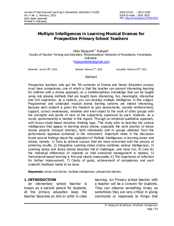 (PDF) Multiple Intelligences in Learning Musical Dramas for Prospective Primary School Teachers