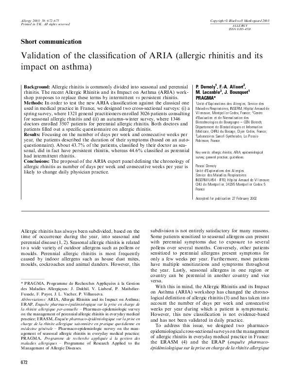 (PDF) Validation of the classification of ARIA (allergic rhinitis and ...