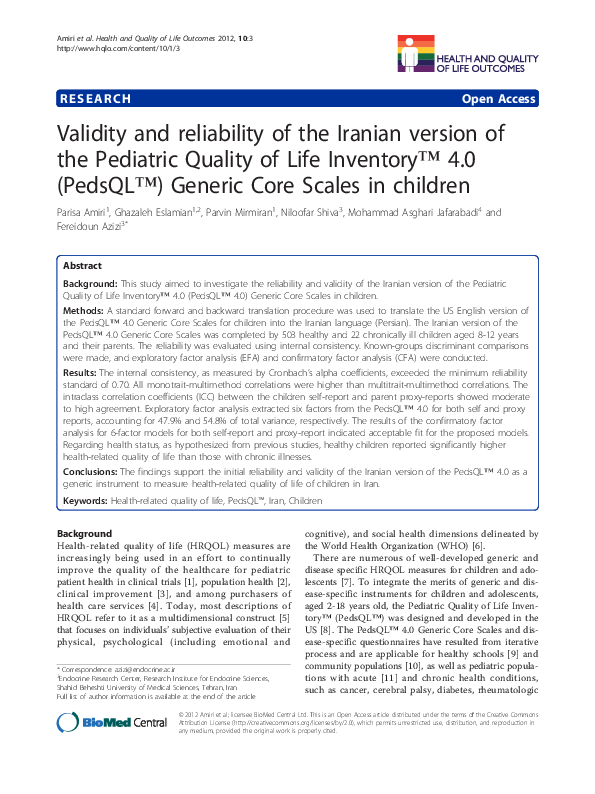 (PDF) Validity and reliability of the Iranian version of the Pediatric ...
