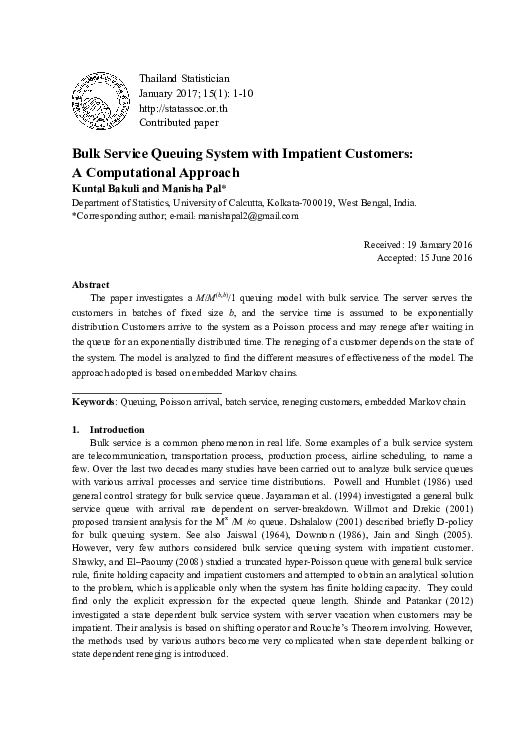 (PDF) Bulk Service Queuing System with Impatient Customers: A Computational Approach