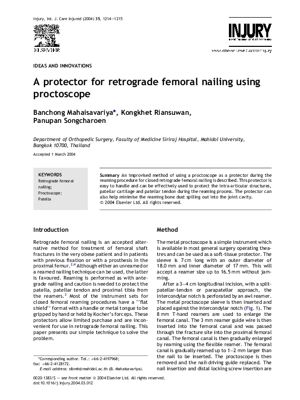 (PDF) A protector for retrograde femoral nailing using proctoscope