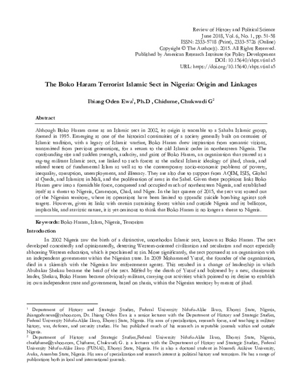 (PDF) The Boko Haram Terrorist Islamic Sect in Nigeria: Origin and Linkages