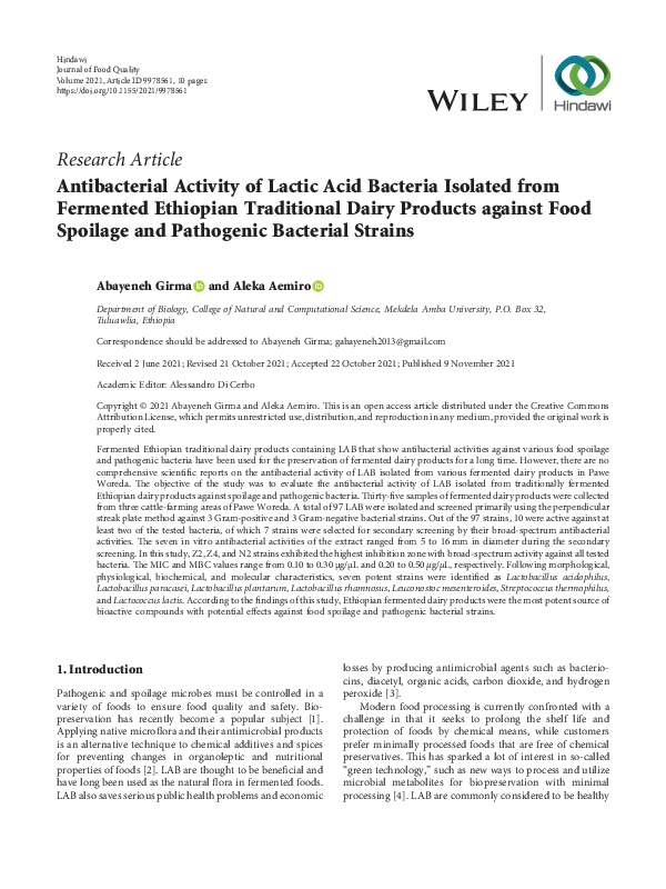 (PDF) Antibacterial Activity of Lactic Acid Bacteria Isolated from Fermented Ethiopian ...
