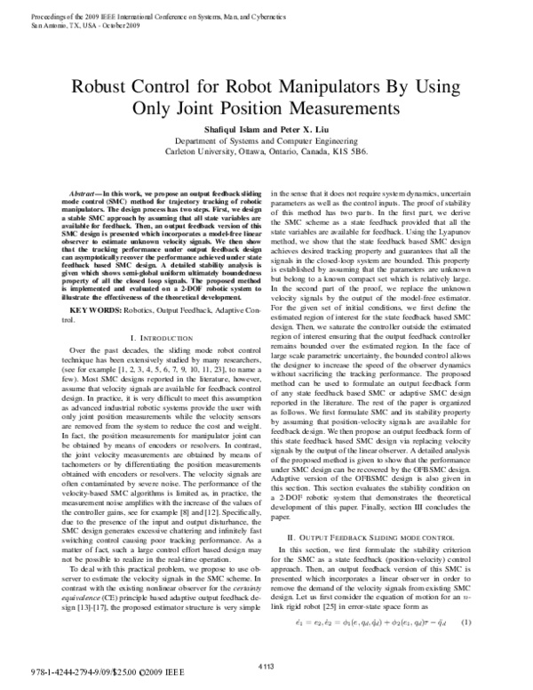 (PDF) Robust control for robot manipulators by using only joint position measurements