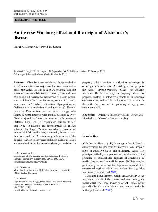 (PDF) An inverse-Warburg effect and the origin of Alzheimer’s disease ...