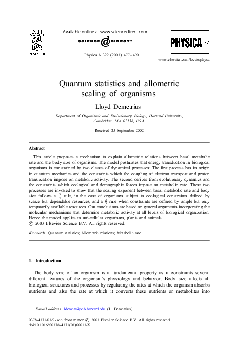 (PDF) Quantum statistics and allometric scaling of organisms | Lloyd ...