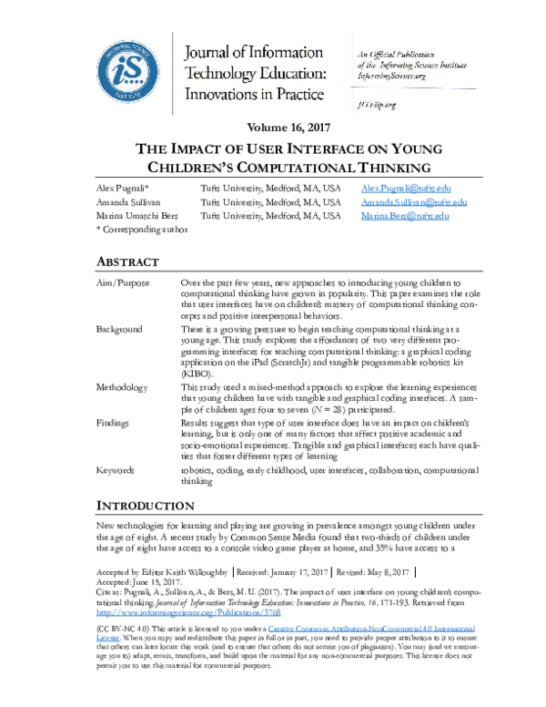 (PDF) The Impact of User Interface on Young Children’s Computational Thinking